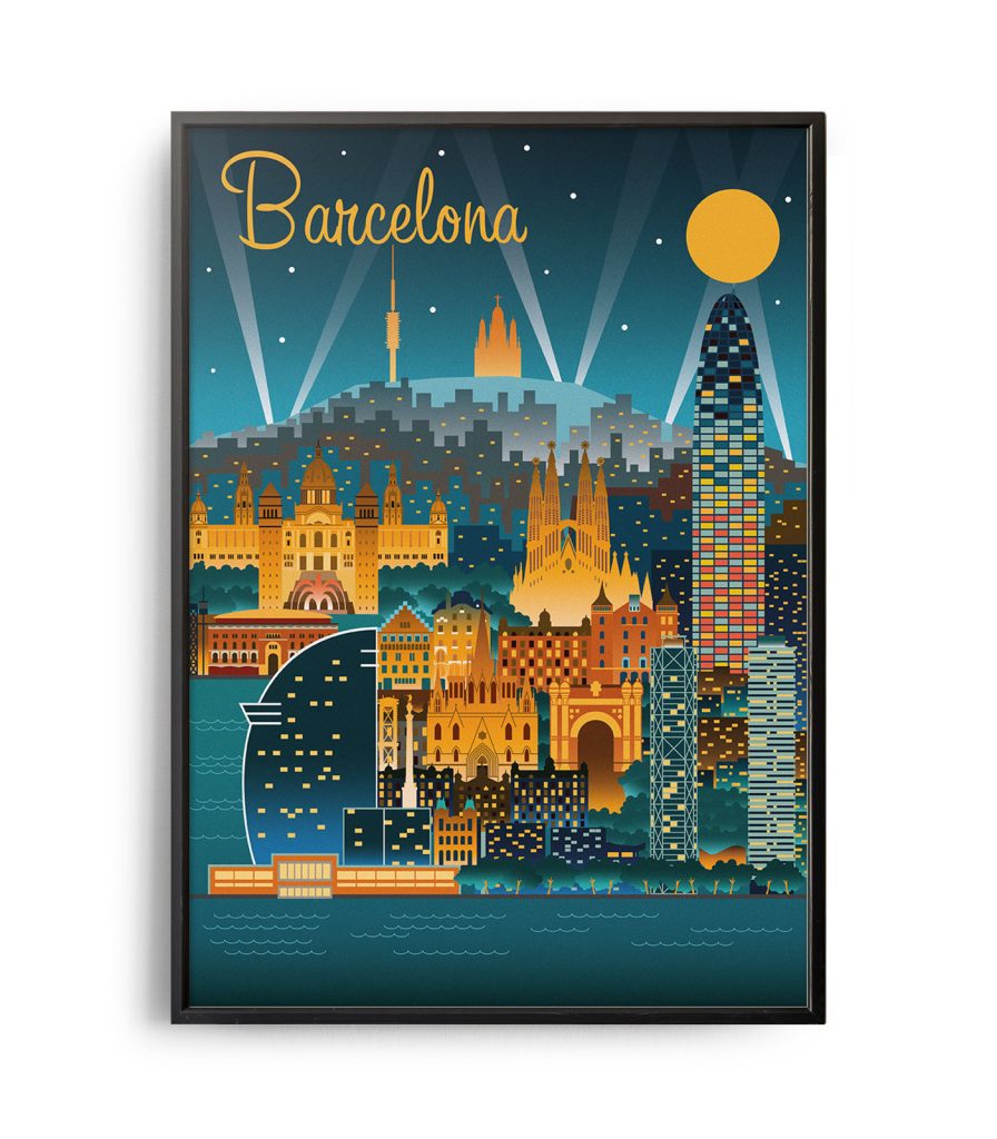 Retro art deco Barcelona travel poster - Weekend Concept